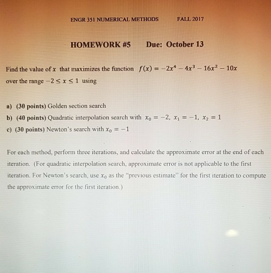 Solved Engr 351 Numerical Methods Fall 2017 Homework 5 Due 