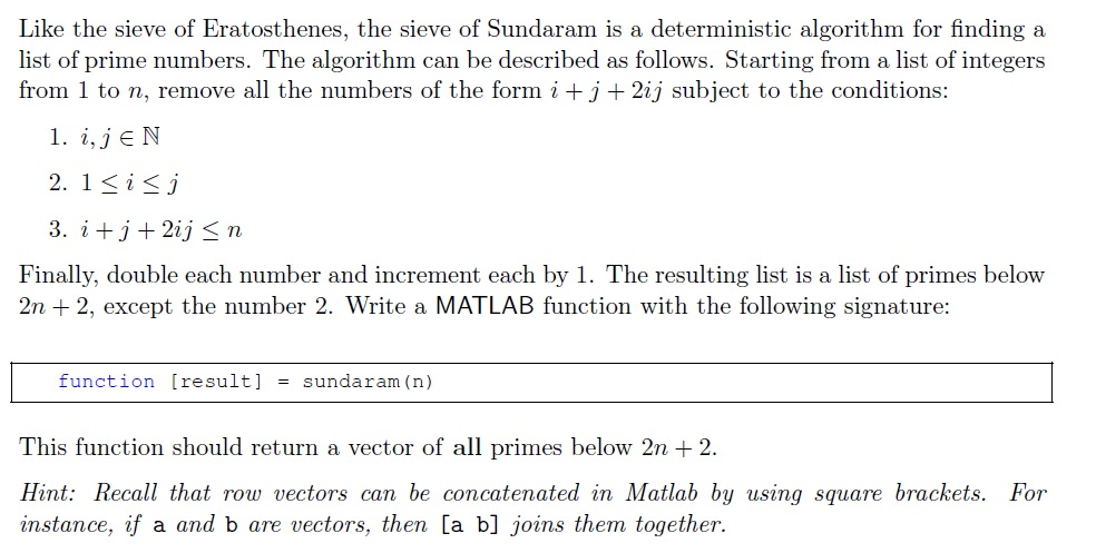 Solved Like the sieve of Eratosthenes, the sieve of Sundaram | Chegg.com