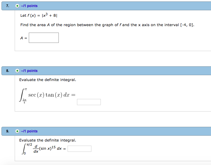 Solved 7, + -11 points Let f(x) = 1x3 + 81 Find the area A | Chegg.com