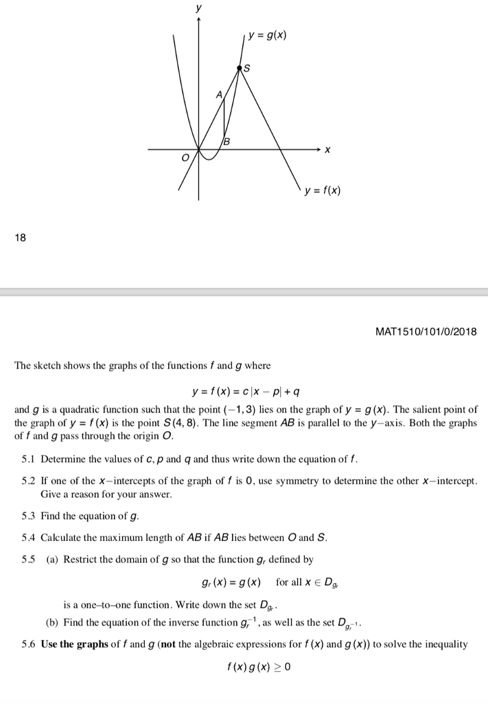 Solved y-g(x) y-f(x) 18 MAT1510/101/0/2018 The sketch shows | Chegg.com