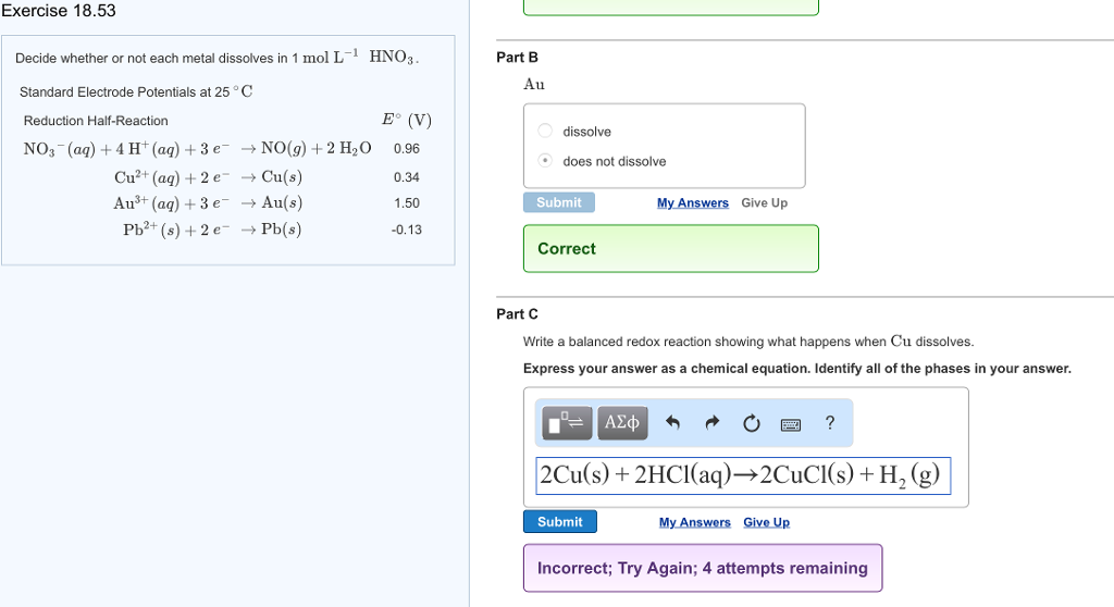 Solved Decide whether or not each metal dissolves in 1 mol L | Chegg.com