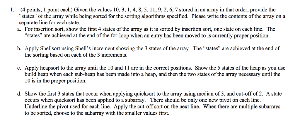 Solved 1. (4 points, 1 point each) Given the values 10, 3, | Chegg.com