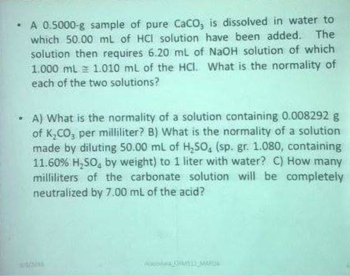 Solved A 0.5000 g sample o1 pure CaCO_3 is dissolved In | Chegg.com
