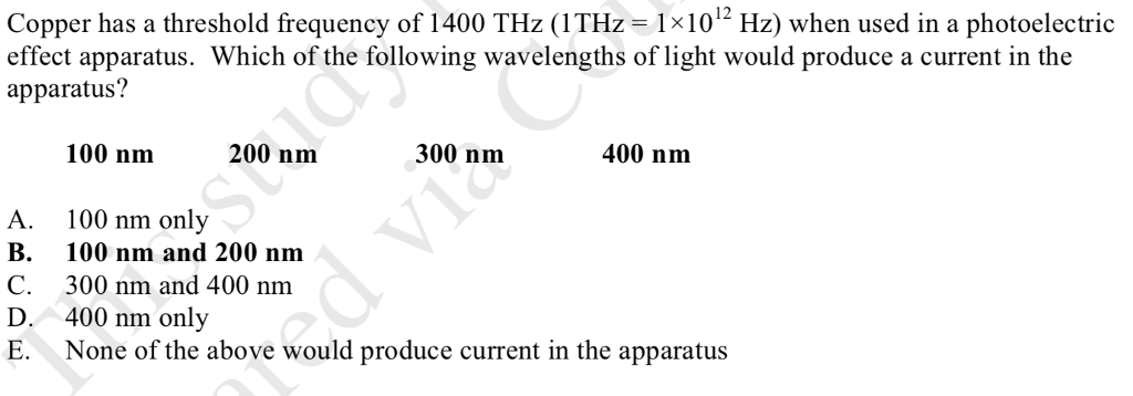 Solved Copper has a threshold frequency of 1400 THz (1 THz = | Chegg.com