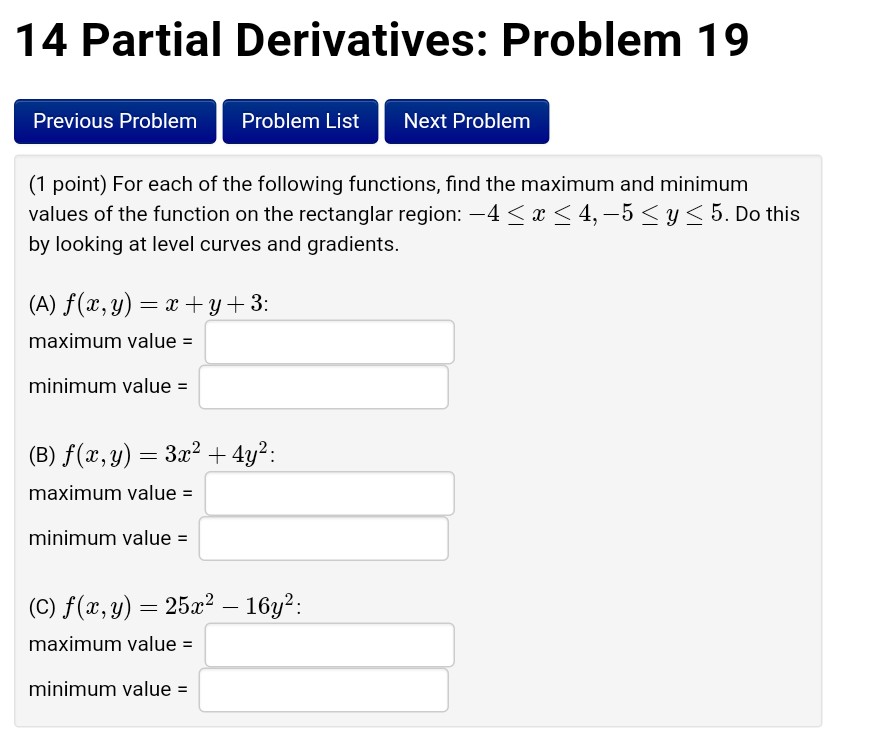 Solved 14 Partial Derivatives: Problem 19 Previous Problem | Chegg.com