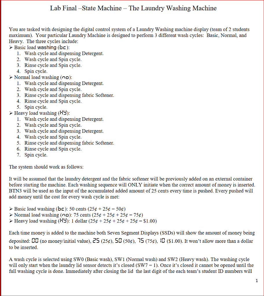 Solved Lab Final-State Machine -The Laundry Washing Machine | Chegg.com
