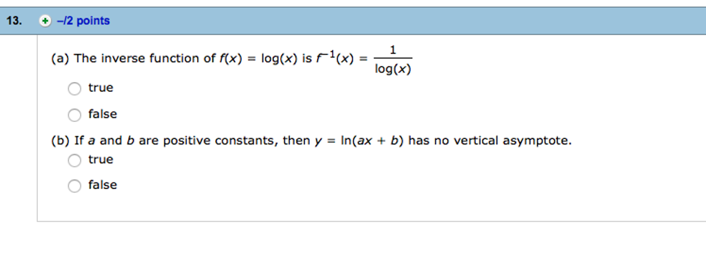 Solved The inverse function of f(x) = log(x) is f^-1(x) | Chegg.com