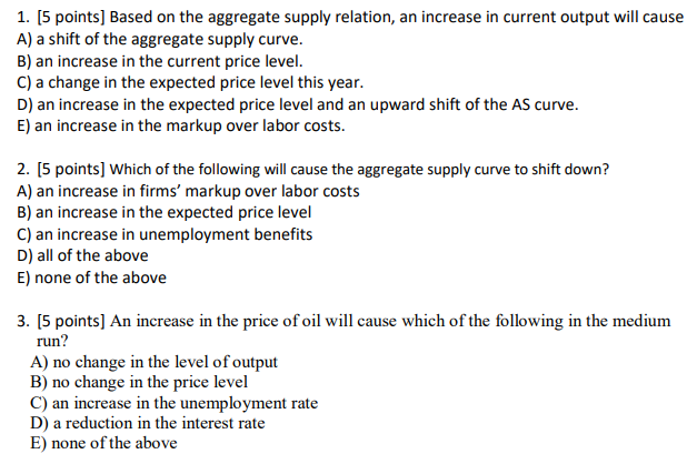 Solved 1. [5 points] Based on the aggregate supply relation, | Chegg.com