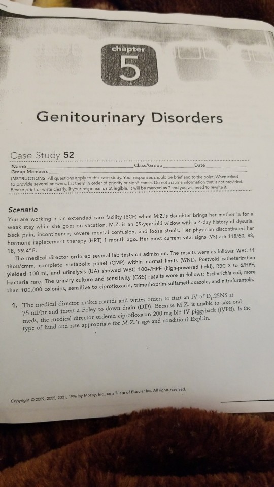 Solved chapter 5 Genitourinary Disorders Case Study 52 Name | Chegg.com