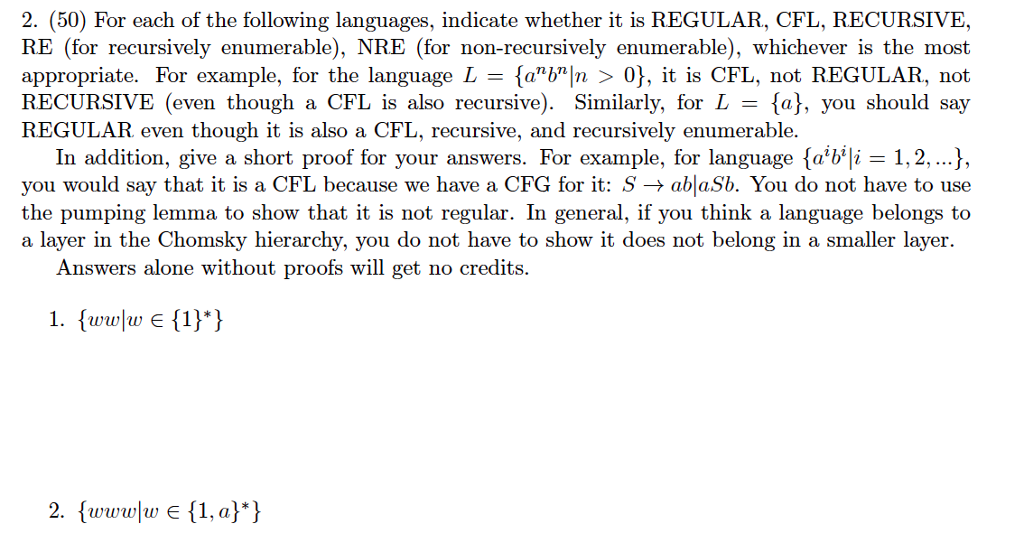 Solved 2. (50) For each of the following languages, indicate | Chegg.com