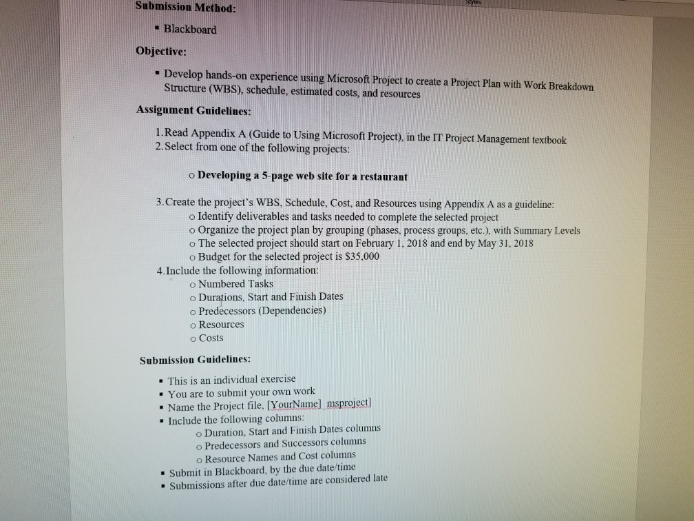 Solved Submission Method: es - Blackboard Objective: - | Chegg.com