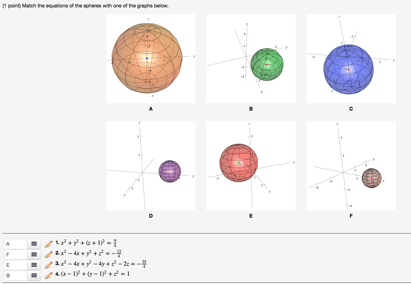 Solved Match the equations of the spheres with one of the | Chegg.com