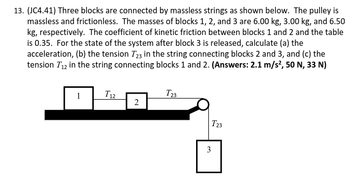 Solved 13. (JC4.41) Three blocks are connected by massless | Chegg.com