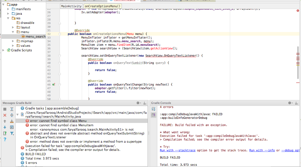 I need help with error's like Menu, findItem, | Chegg.com