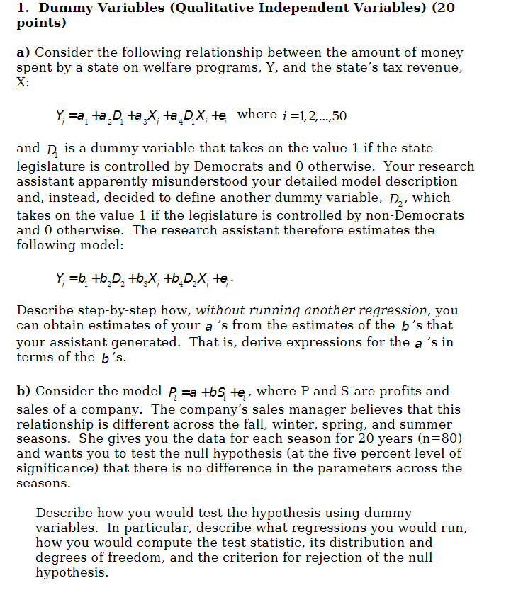 1. Dummy Variables (Qualitative Independent | Chegg.com
