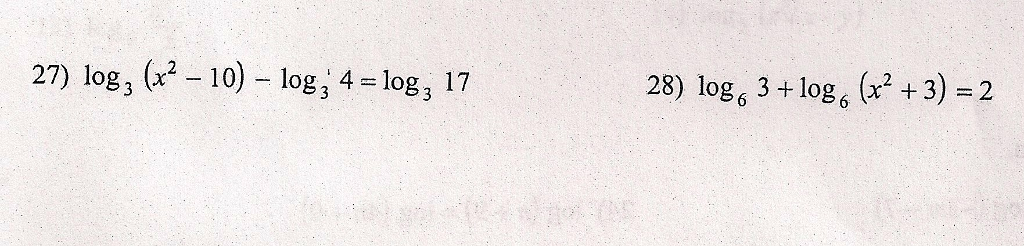 Solved 27) log (3-10) log 4 log 17 28) log 3+log (2+3) 2 | Chegg.com