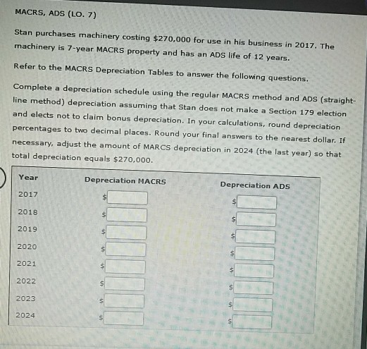 Solved MACRS, ADS (LO. 7) Stan purchases machinery costing | Chegg.com