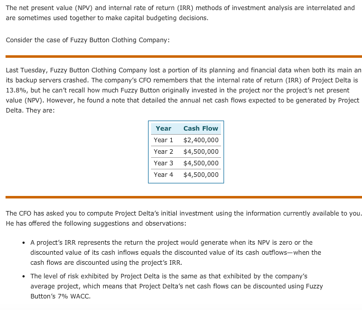 Solved The net present value (NPV) and internal rate of | Chegg.com