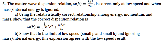 Solved 5. The matter-wave dispersion relation, w (k) = | Chegg.com