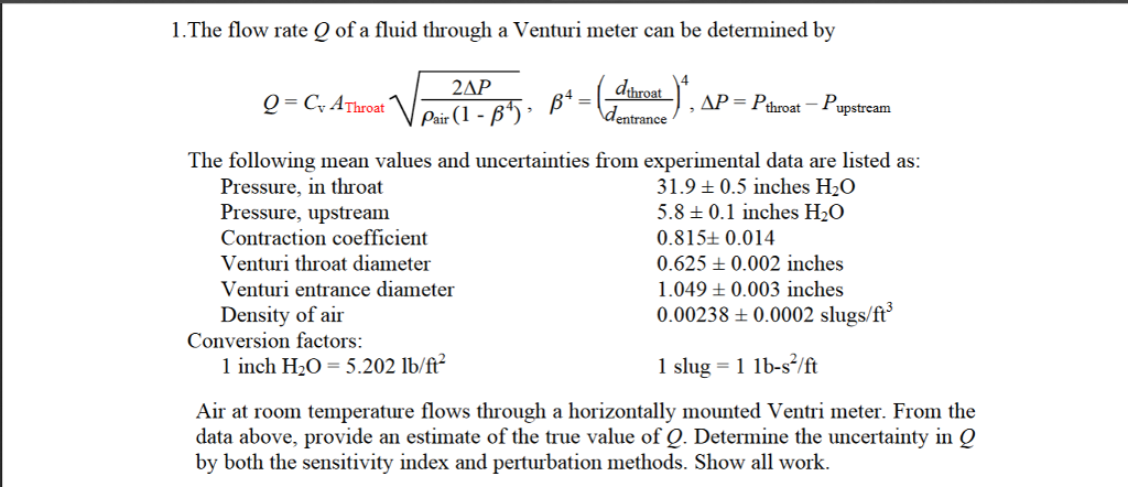 1.The flow rate Q of a fluid through a Venturi meter | Chegg.com