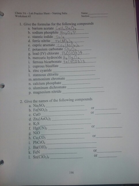 Solved Chem 3A-Lab Practice Sheet-Naming Salts Worksheet #5 | Chegg.com