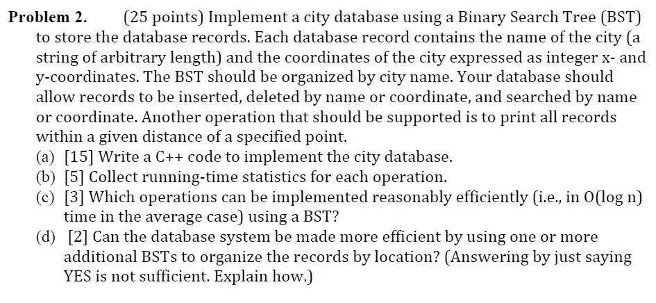 Solved Implement a city database using a Binary Search Tree | Chegg.com