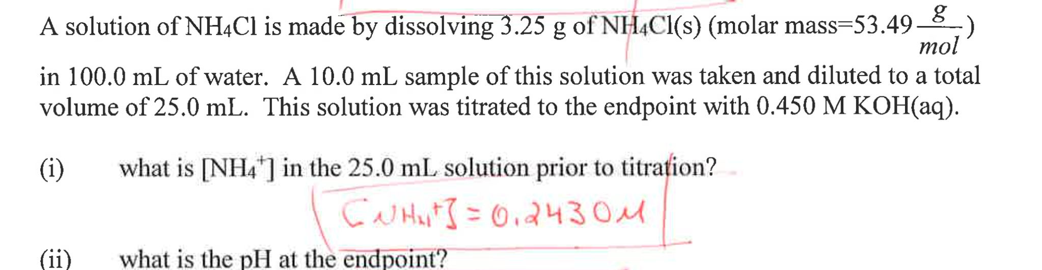 Solved A solution of NH_4CI is made by dissolving 3.25 g of | Chegg.com