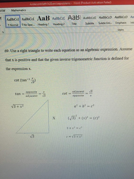 Solved Use A Right Triangle To Write Each Equation As An