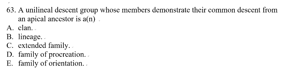 Solved 63. A unilineal descent group whose members | Chegg.com