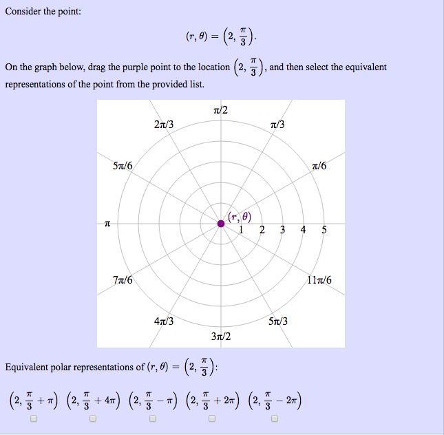 Solved Consider the point: (r, theta) = (2, pi/3). On the | Chegg.com