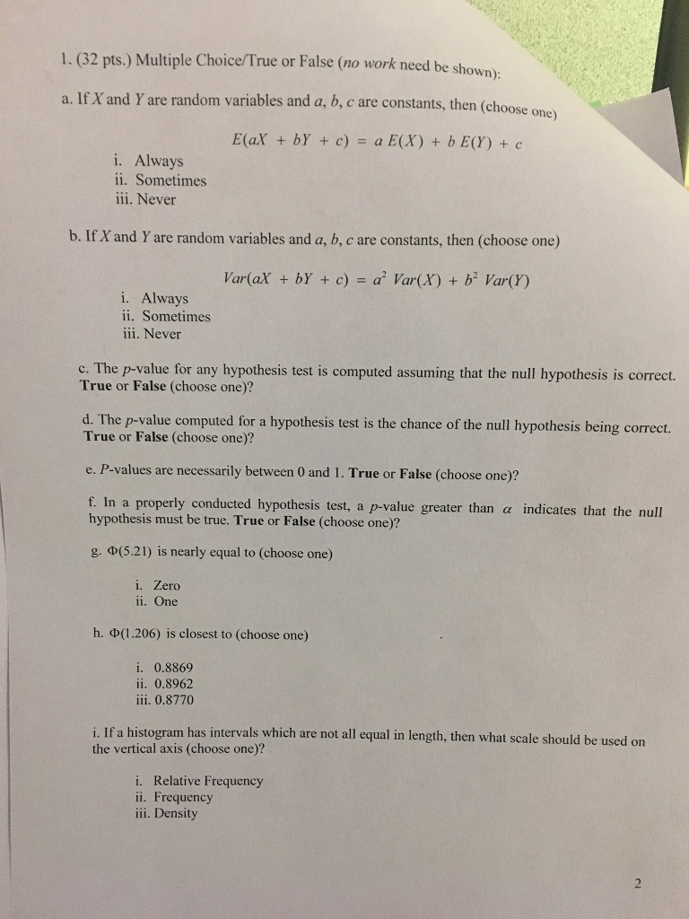 Solved 1. (82 pts.) Multiple Choice/True or False (no work | Chegg.com