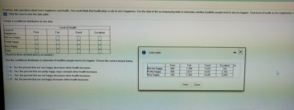Solved A survey asks questions about one's happiness and | Chegg.com
