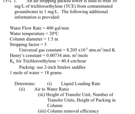 An air stripping of trichloroethylene (TCE) from | Chegg.com