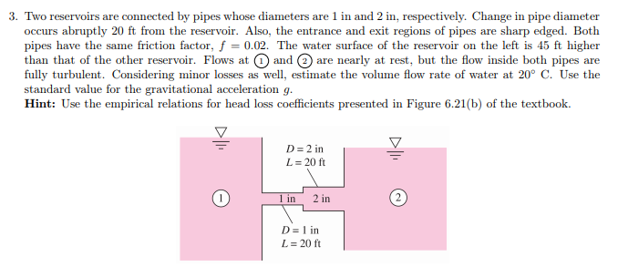 Solved 3. Two reservoirs are connected by pipes whose | Chegg.com