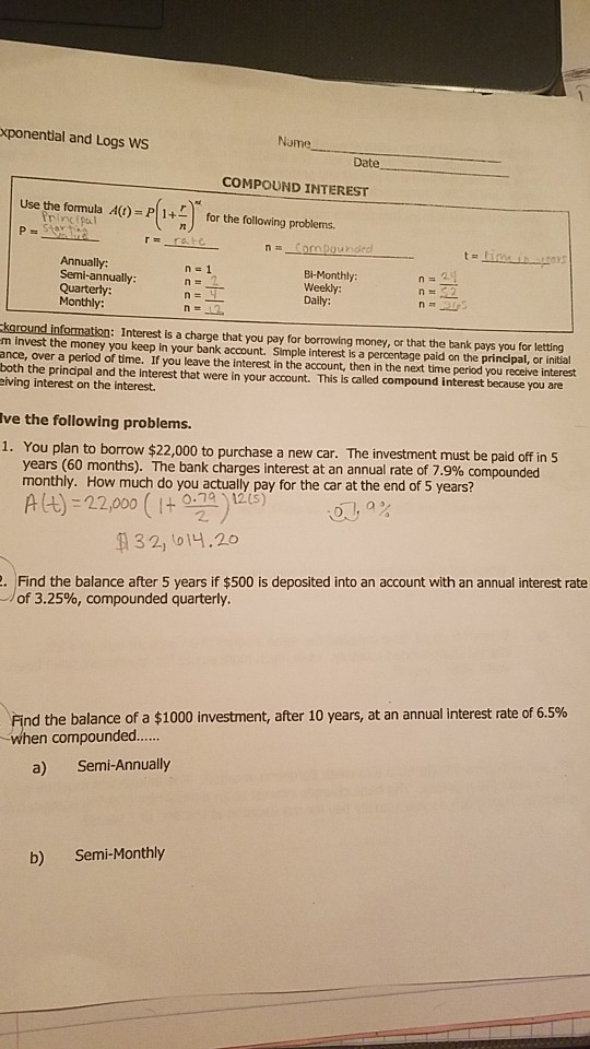 Solved xponential and Logs WS Name Date COMPOUND INTEREST | Chegg.com