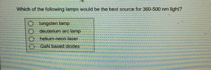 Solved Which of the following lamps would be the best source | Chegg.com