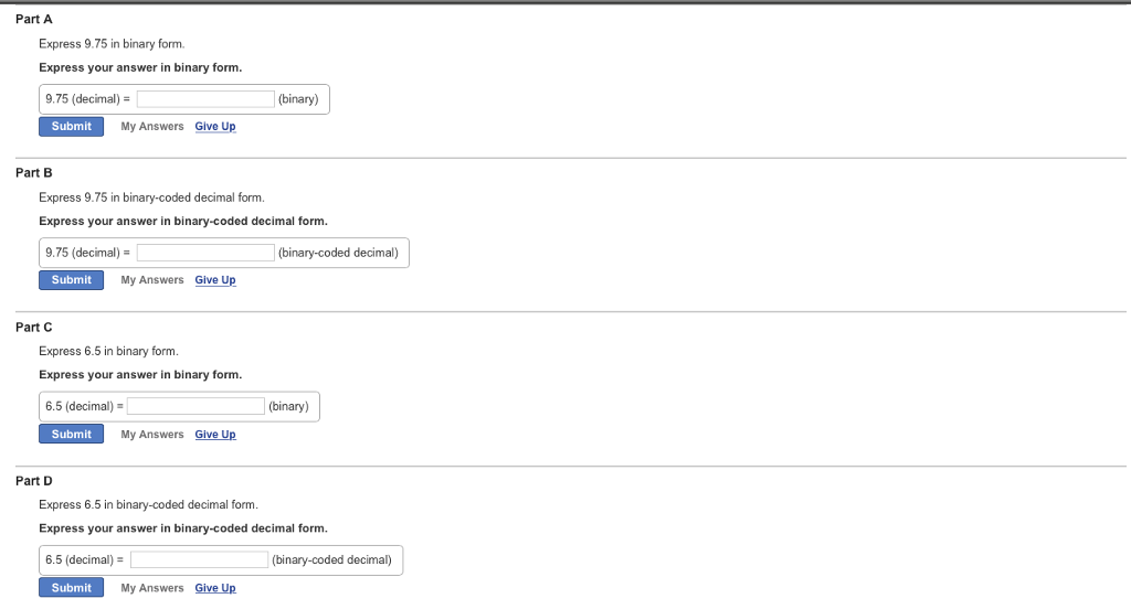 Solved Part A Express 9.75 in binary form. Express your | Chegg.com
