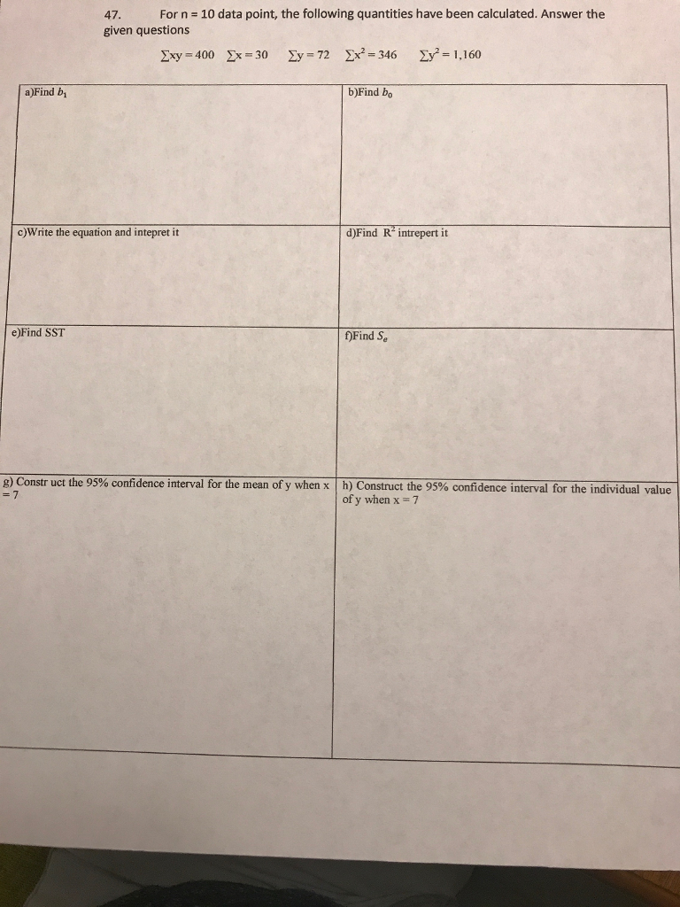 Solved For n = 10 data point, the following quantities have | Chegg.com