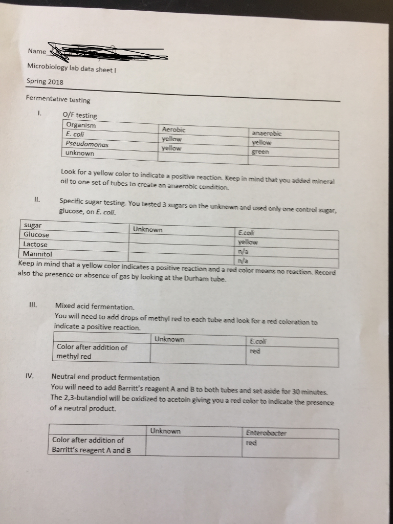 Name Microbiology lab data sheet I Spring 2018 | Chegg.com