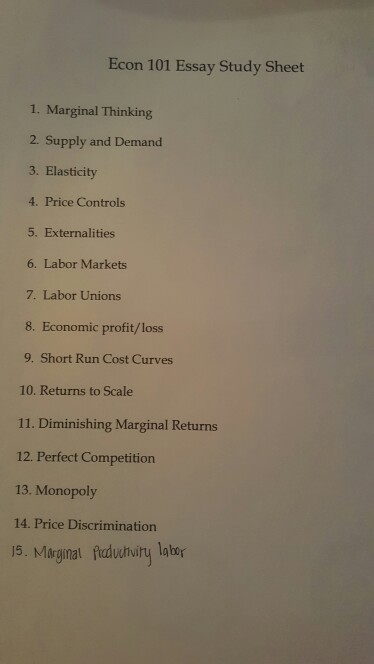 Solved Econ 101 Essay Study Sheet 1. Marginal Thinking 2. | Chegg.com