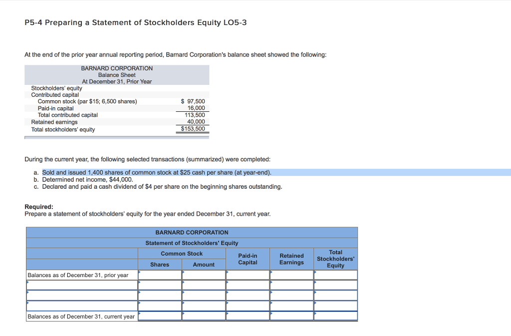 Solved P5-4 Preparing a Statement of Stockholders Equity | Chegg.com