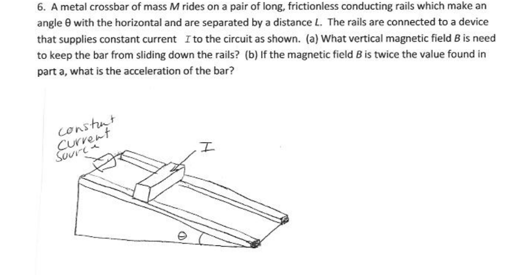 Solved 6. A metal crossbar of mass M rides on a pair of | Chegg.com