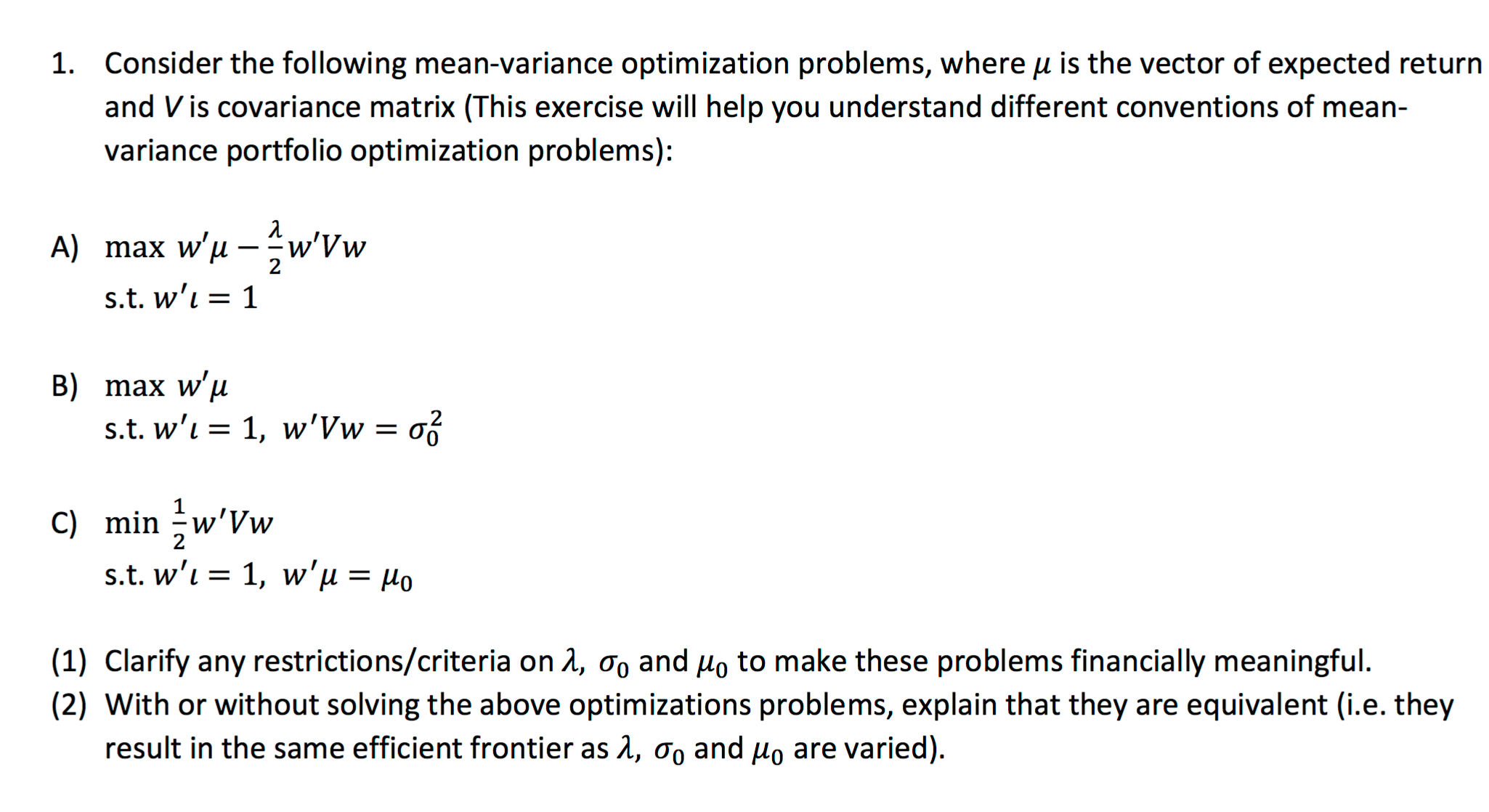 Consider The Following Mean Variance Optimization