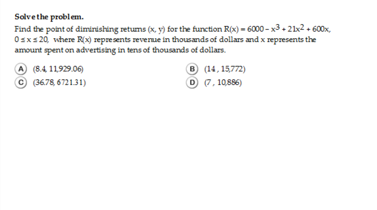 Solved Find the point of diminishing returns (x, y) for the | Chegg.com