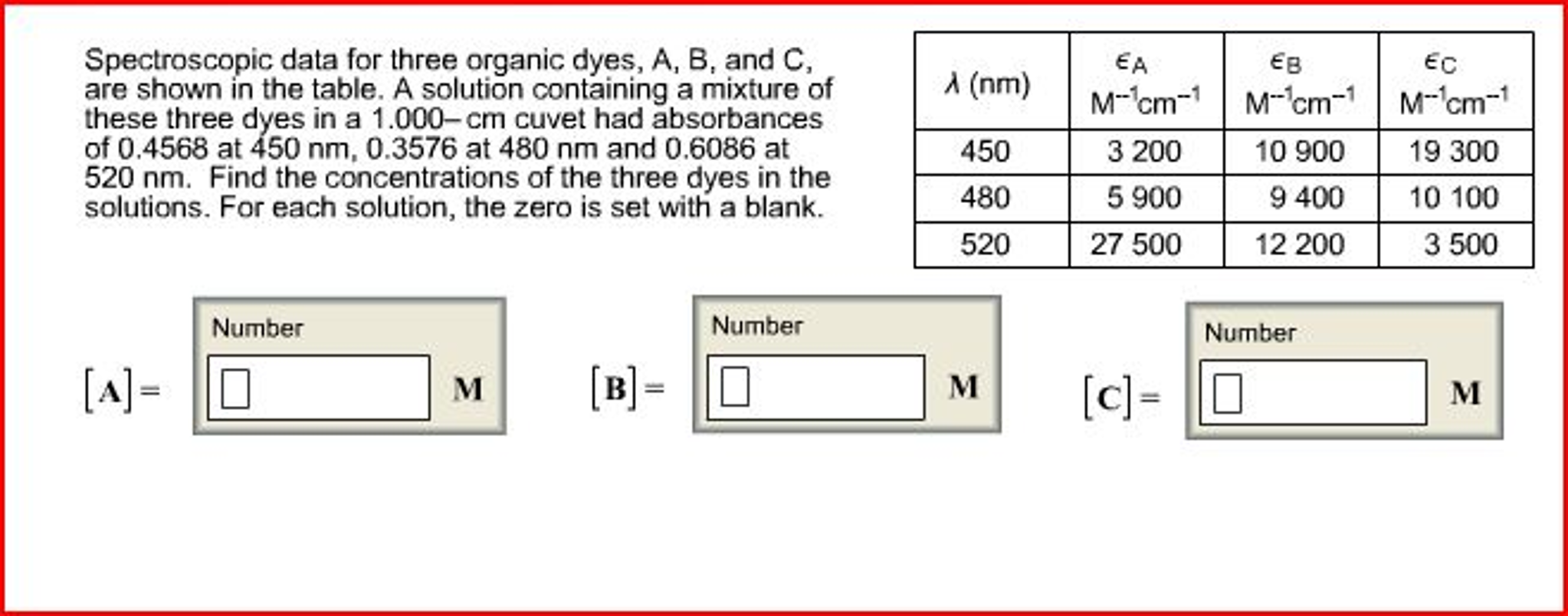 Solved Spectroscopic data for three organic dyes, A, B, and | Chegg.com