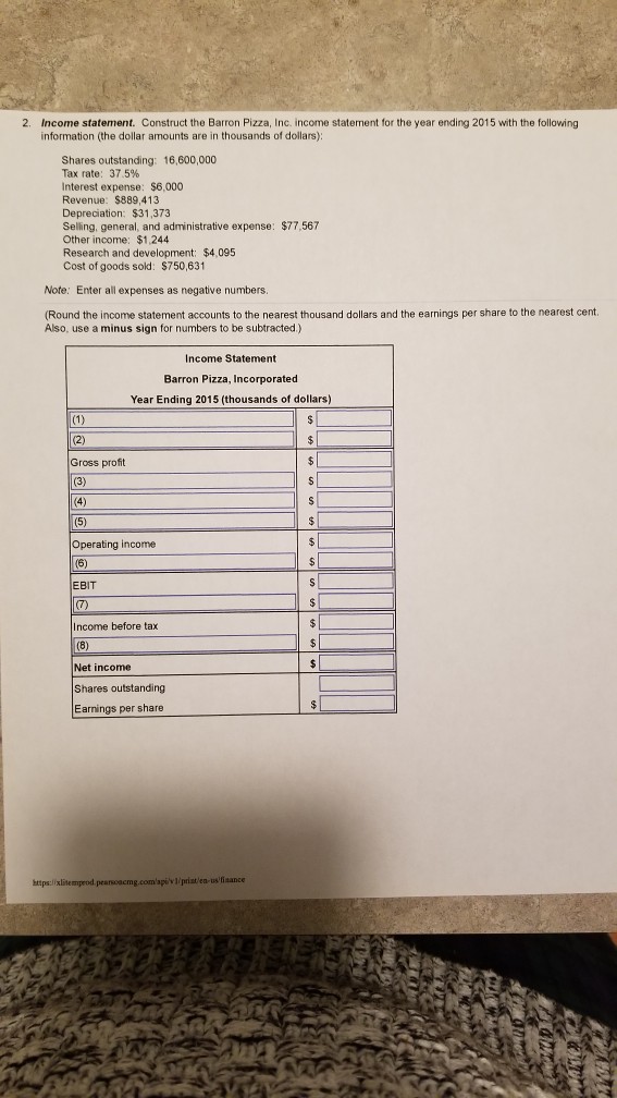 Solved 2. Income statement. Construct the Barron Pizza, Inc. | Chegg.com