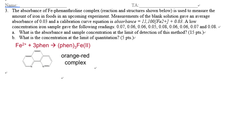 Solved TA 3. The absorbance of Fe-phenanthroline complex | Chegg.com