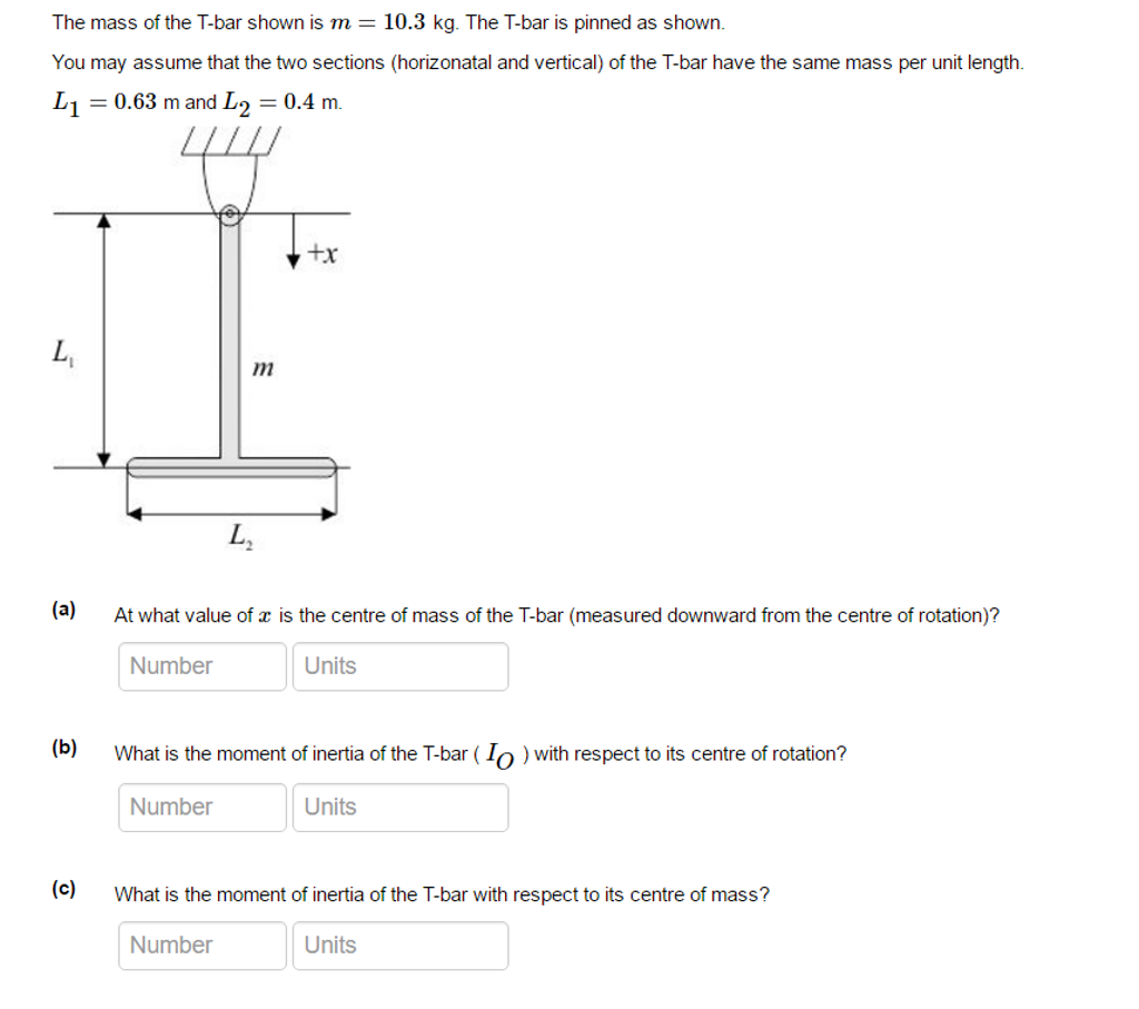 Solved The mass of the T-bar shown is m = 10.3 kg. The T-bar | Chegg.com