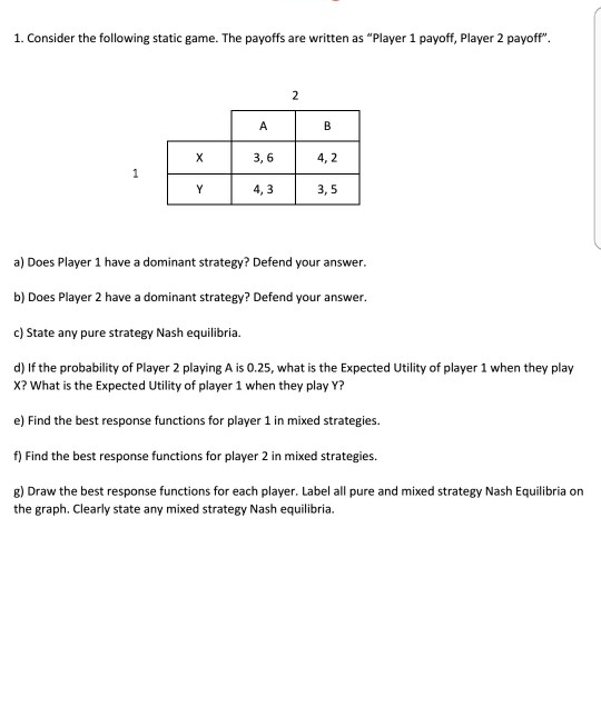 Solved 1. Consider the following static game. The payoffs | Chegg.com