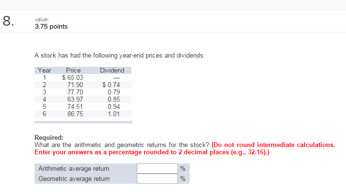 Solved A stock has had the following year-end prices and | Chegg.com
